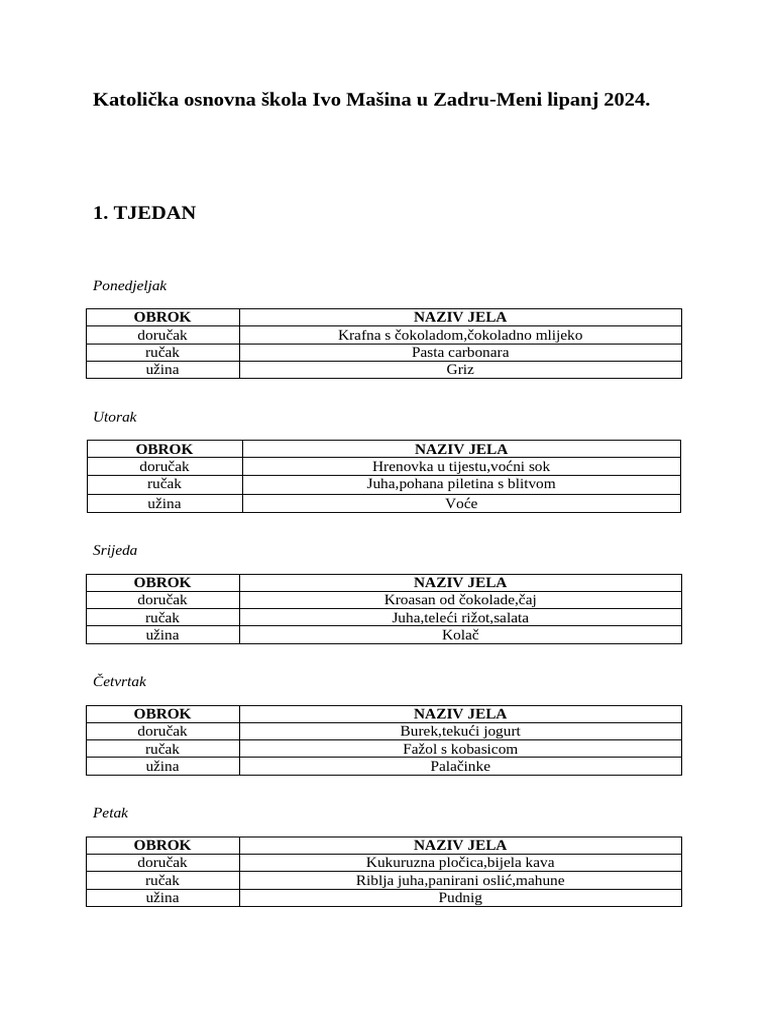 Jelovnik - Lipanj 2024 | PDF