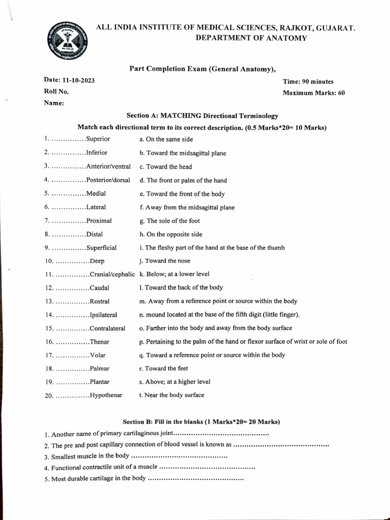 Part Completion Exam (General Anatomy) ,: All India Institute of ...