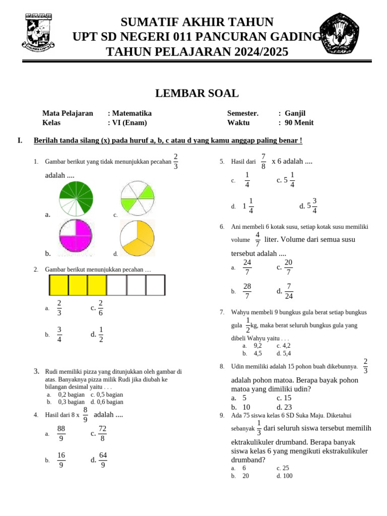 Soal Ujian Matematika Kelas 6 2025 | PDF