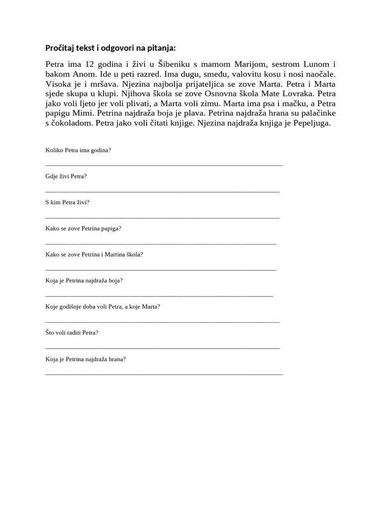 Čitanje S Razumijevanjem I Pitanja | PDF