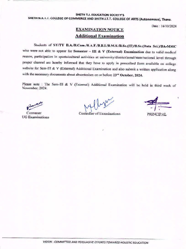 Additional Examination Notice of SY TY SEM - III V (External) Examination | PDF
