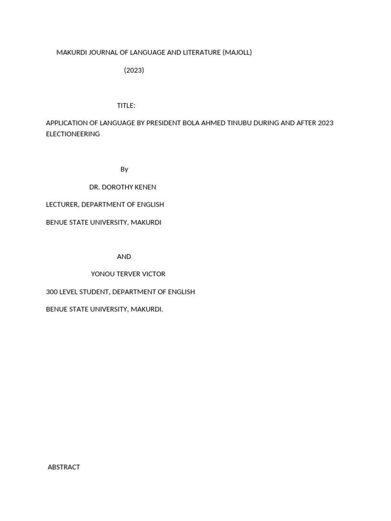 Critical Discourse Analysis of President Bola Ahmed Tinubu's Political Speeches. | PDF ...