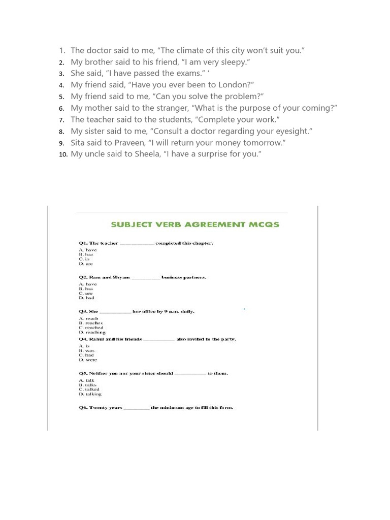 Grammar Revision Worksheet (Reported Speech, Subject Verb Agreement ...