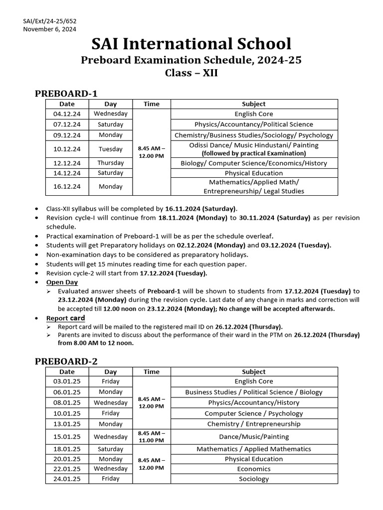 12th Class Preboard 1 and 2 Exam & Preboard-1 Practical Schedule 2024-25 SIS | PDF | Science