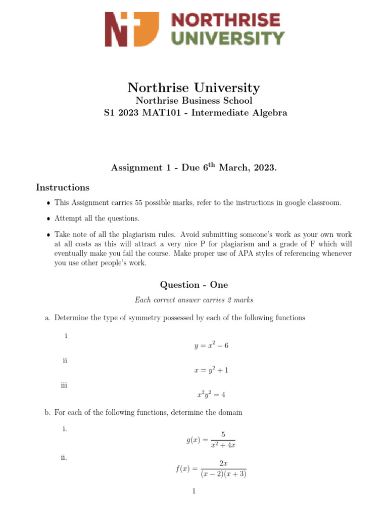 S1 2023 MAT101 Assignment 1 | PDF | Function (Mathematics ...