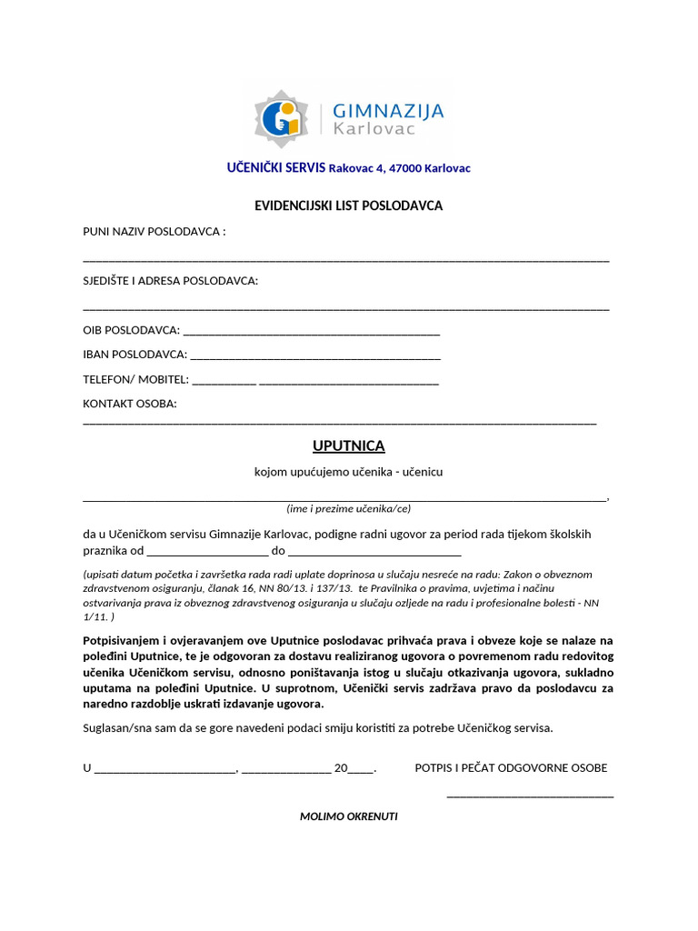 Evidencijski List Poslodavca | PDF