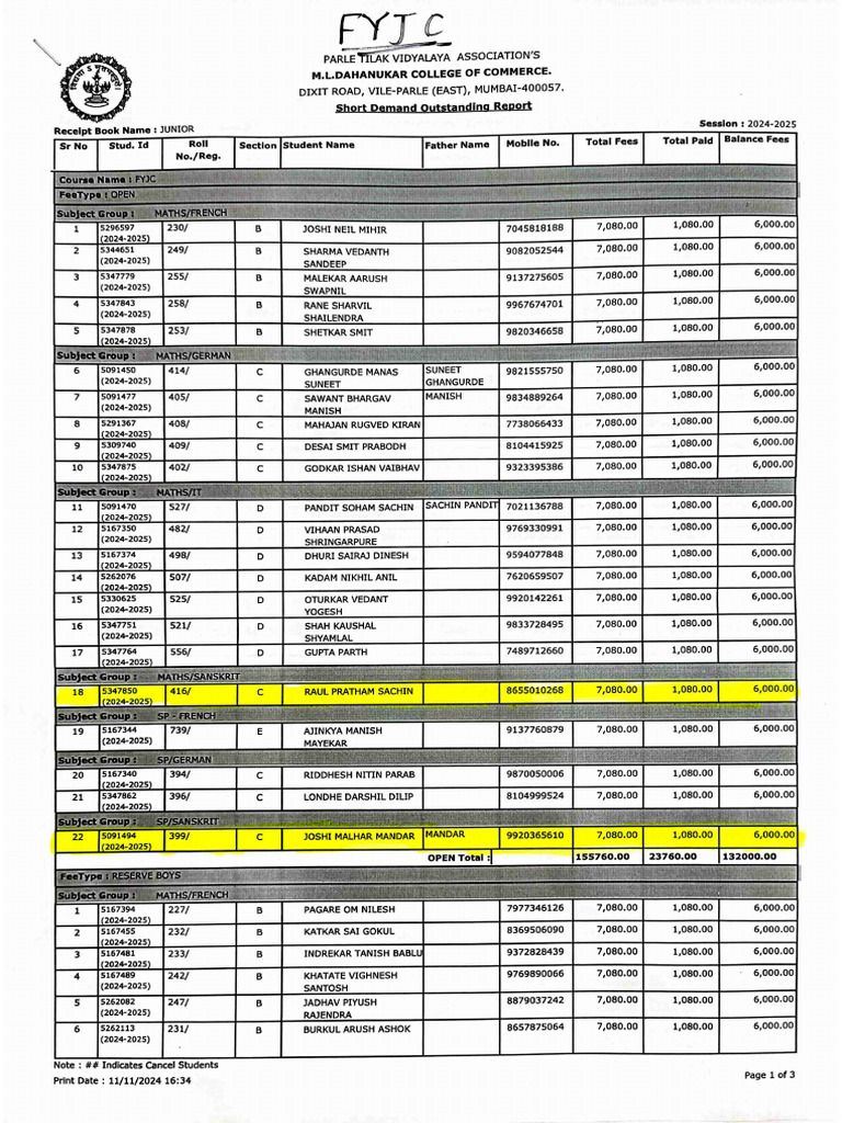 FYJC Pending Fees List | PDF