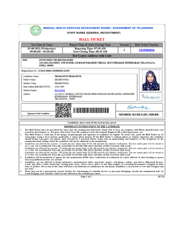 MHSRB Exam Hall Ticket Details | PDF | Identity Document | Access Control