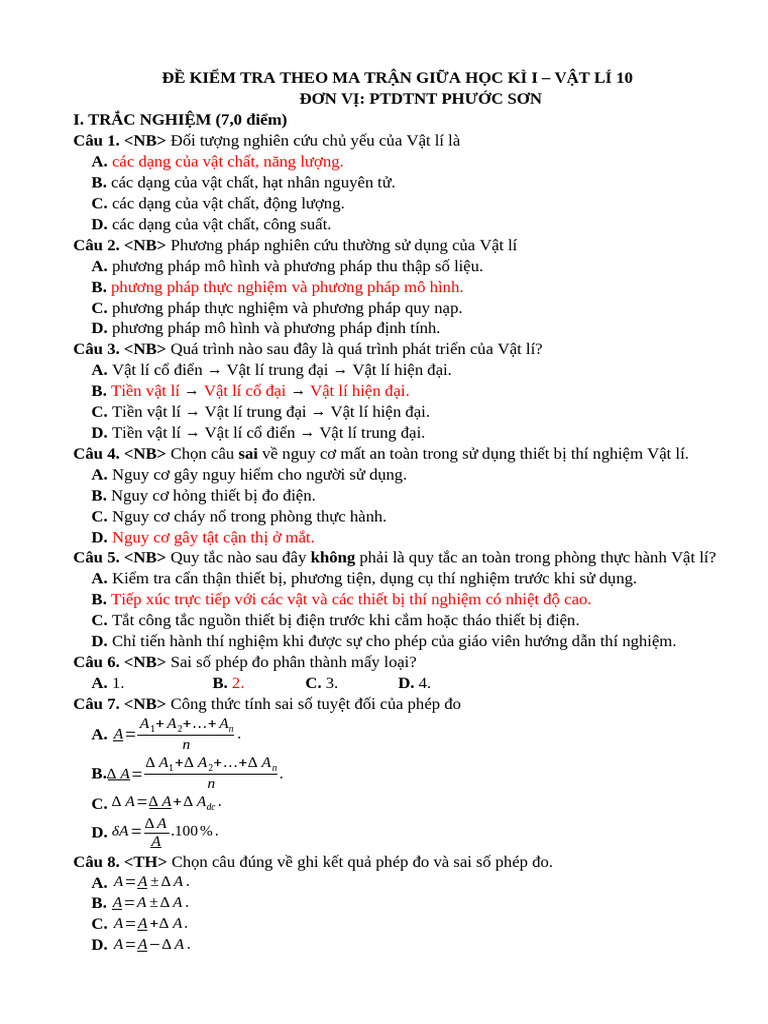 Vat Ly 10-Ctst-Giua HK I-Ptdtnt Phuoc Son-Quang Nam | PDF