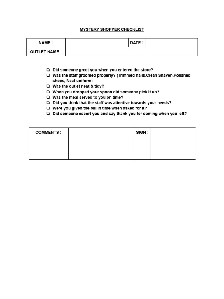 Mystery Shoppers Checklist | PDF | Cooking, Food & Wine | Self-Improvement