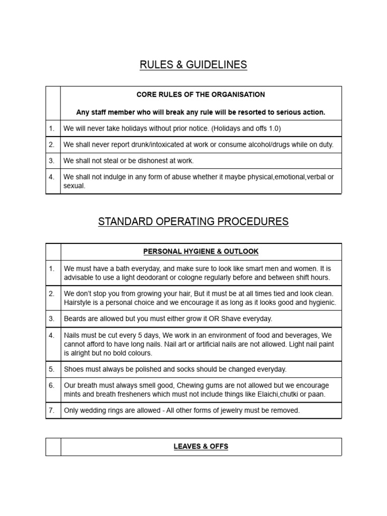 Staff Rules and Hygiene Guidelines | PDF | Menu | Tableware