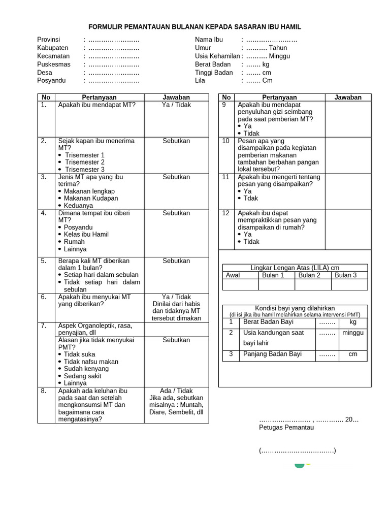 Formulir Pemantauan Bulanan Kepada Sasaran Ibu Hamil | PDF ...