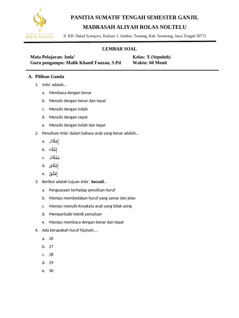 Soal Pts Imla' Kelas X | PDF