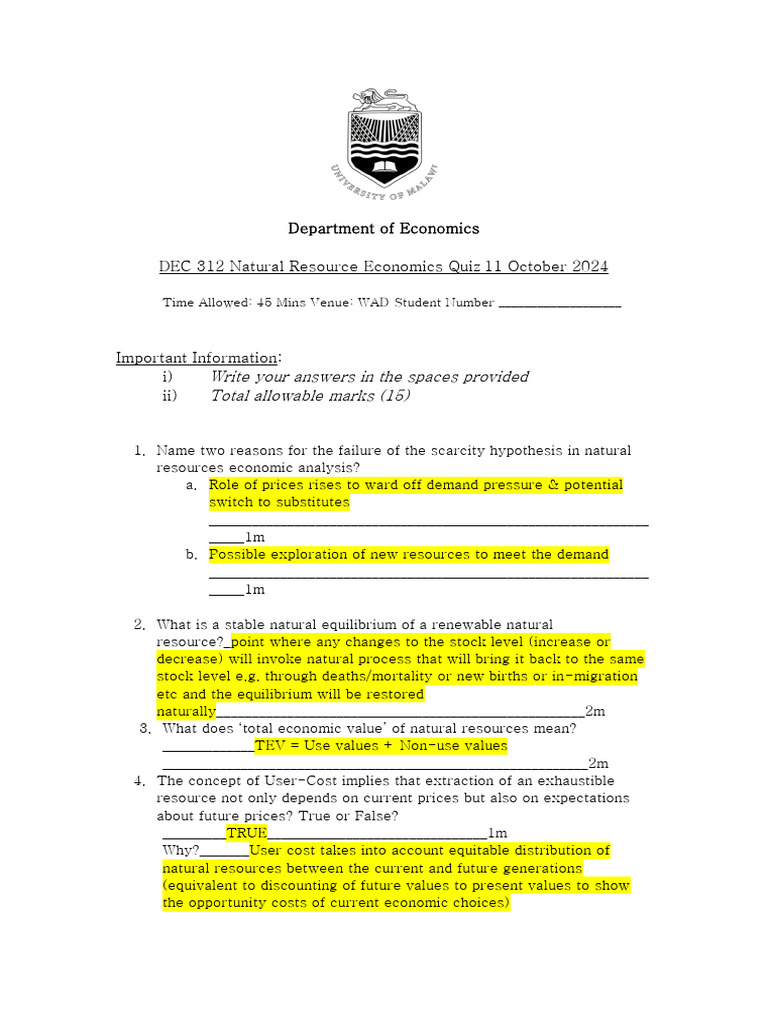 DEC 312 Natural Resource Economics Quiz - 1 11 October 2024 With ...