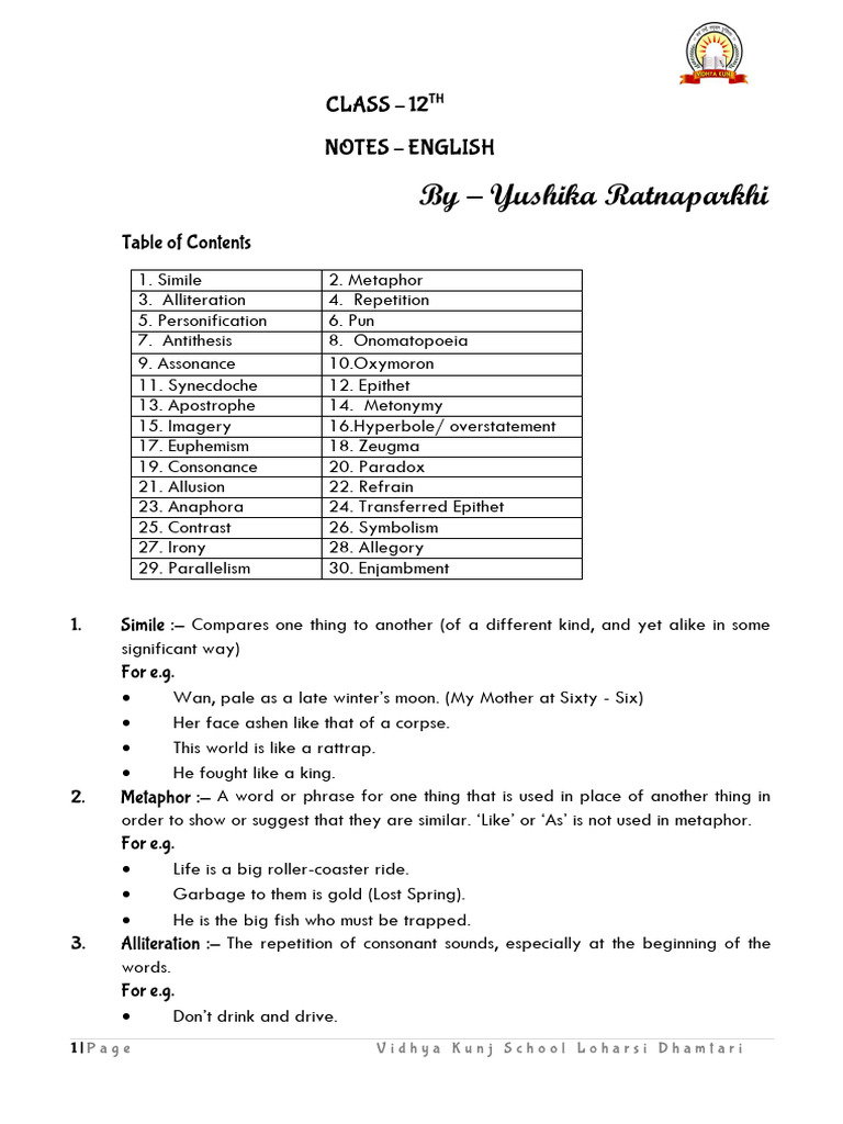 Class 12th English Notes | PDF | Adjective