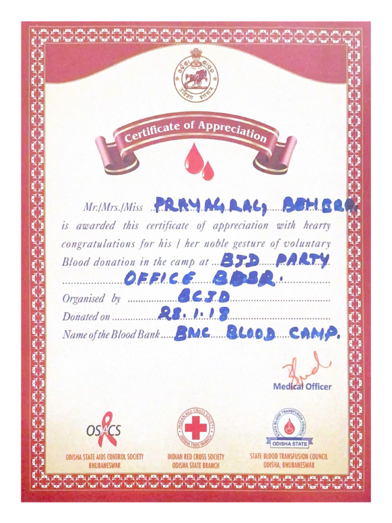 Blood Donation Certificate | PDF