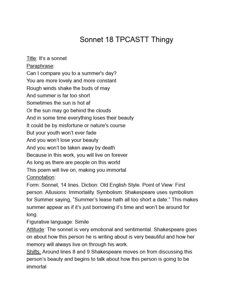 Sonnet 18 TPCASTT | PDF
