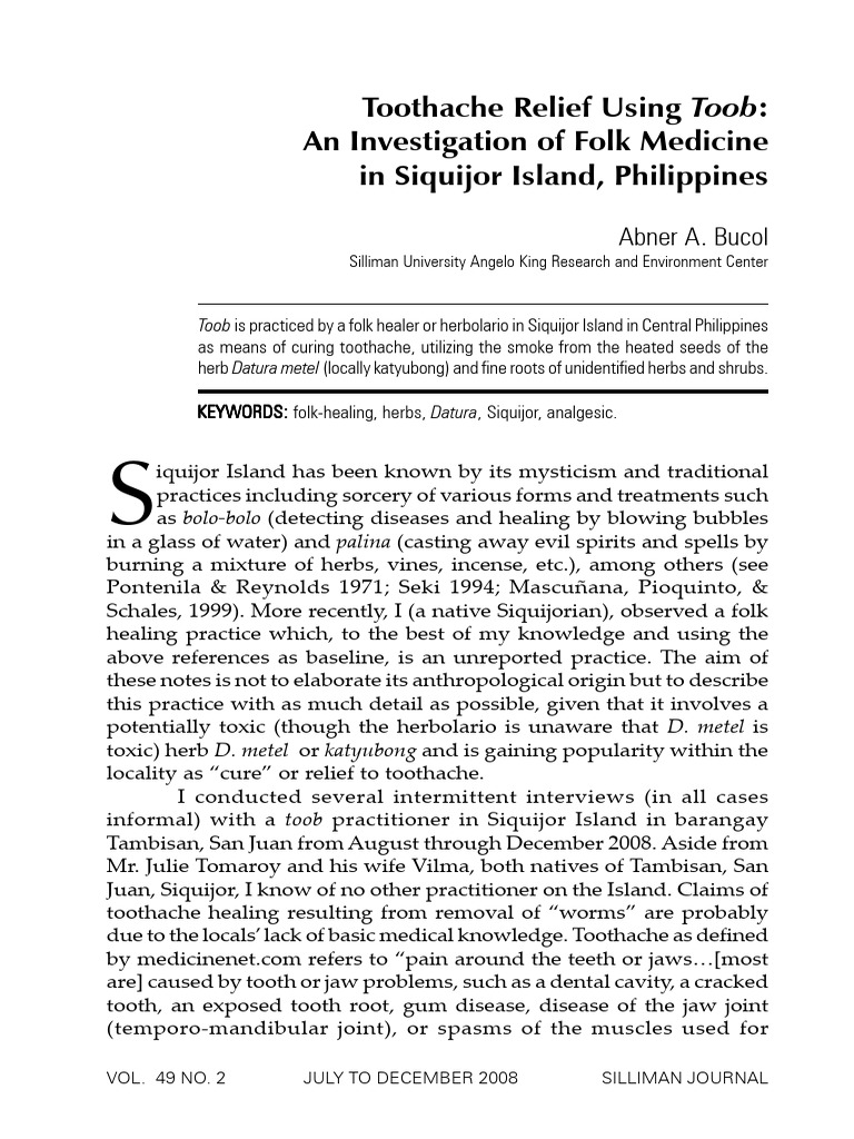 Toothace Relief Using Toob An Investigation of Folk Medicine in ...