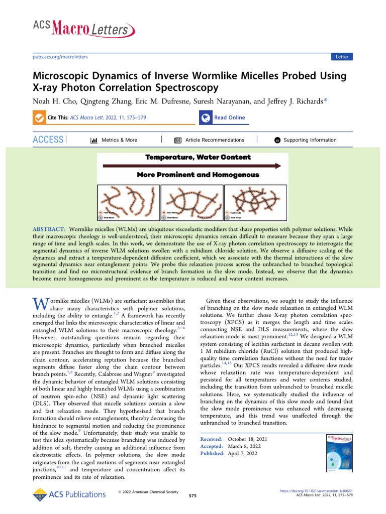 Cho Et Al 2022 Microscopic Dynamics of Inverse Wormlike Micelles Probed ...