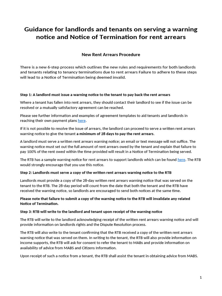 Rent Arrears Warning Notice and Notice of Termination Template Nov24 ...