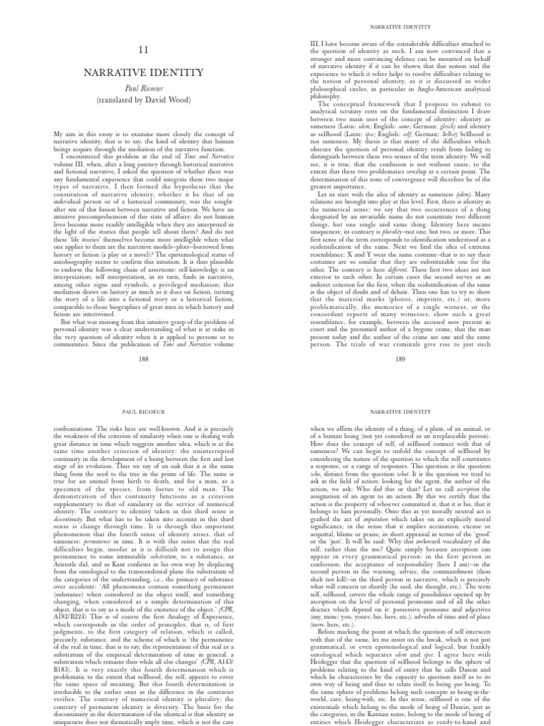 Paul Ricoeur - Narrative Identity | PDF | Ontology | Identity (Social ...