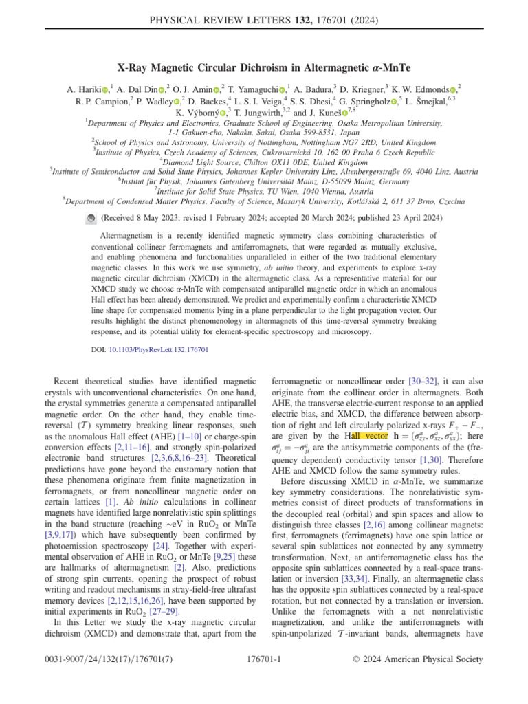 X-Ray Magnetic Circular Dichroism in Altermagnetic α-MnTe | PDF | Spin ...