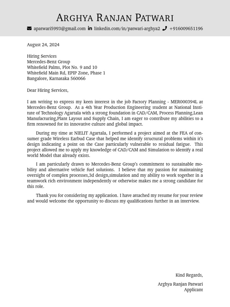 Sample Cover Letter - Class of 2025 - A.R.Patwari | PDF | Career ...