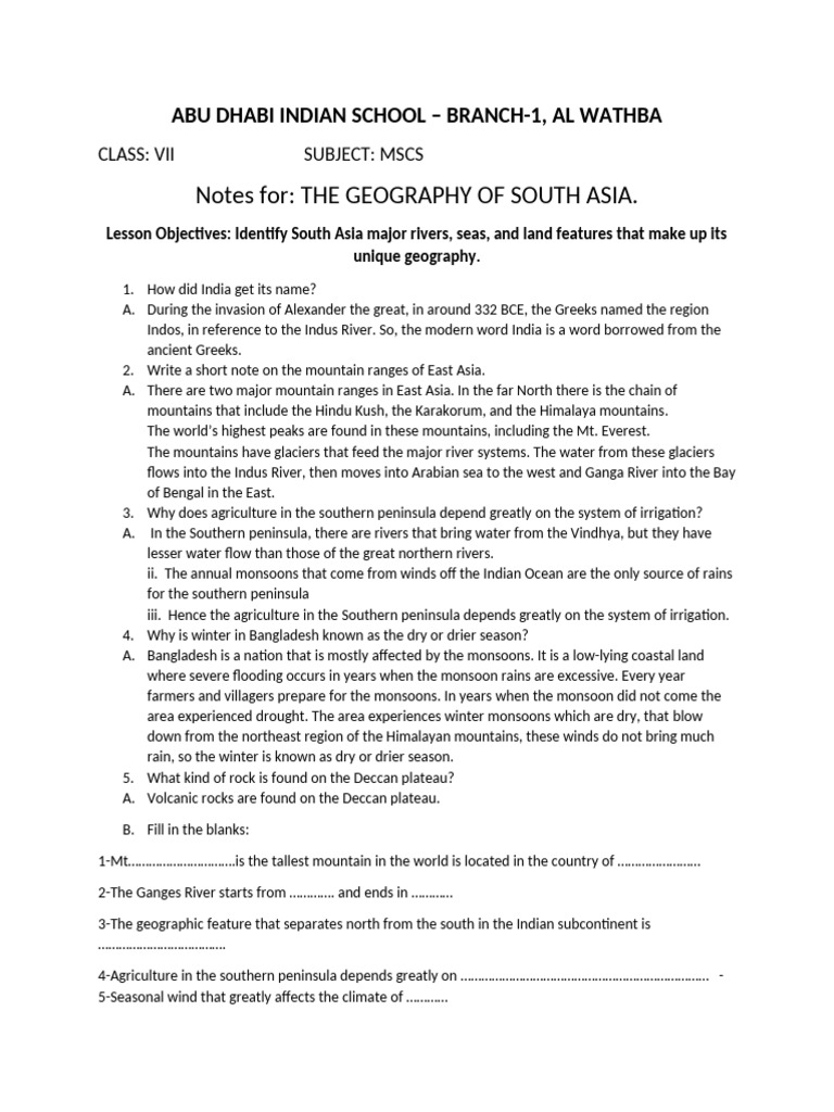 L1 Geography of South Asia | PDF | Monsoon | South Asia