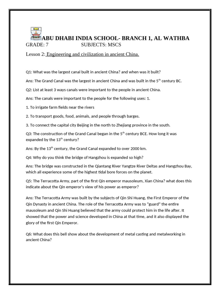 Grade 7 Lesson 2 Notes Engineering and Civilization in Ancient China | PDF