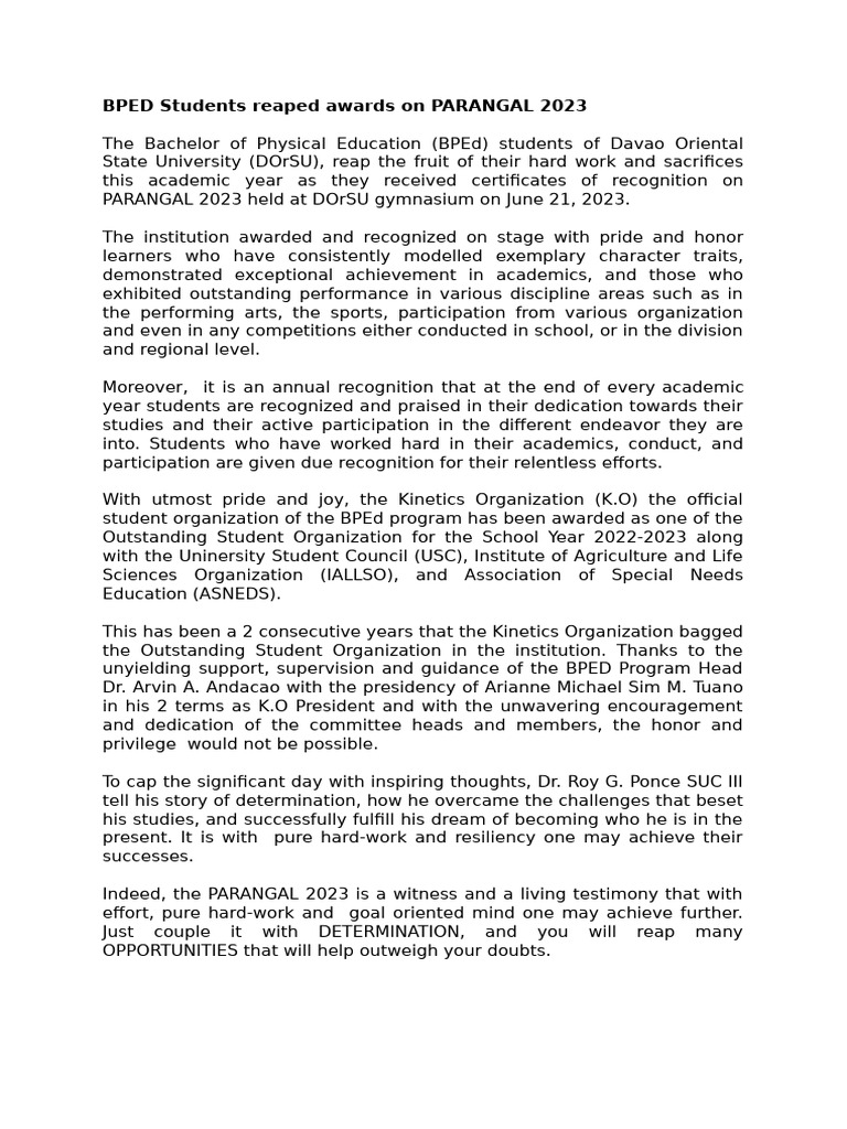 BPED Students Reaped Awards On PARANGAL 2023 | PDF | Behavior Modification | Psychology