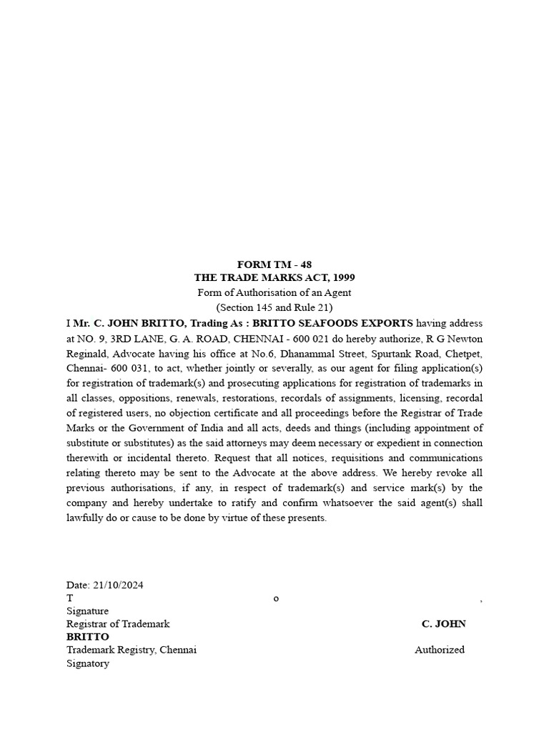 Form TM - 48 The Trade Marks Act, 1999 | PDF