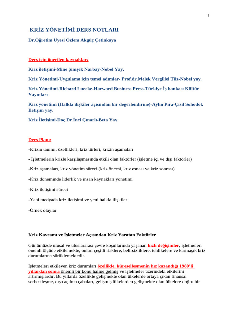 Kri̇z Yöneti̇mi̇ Dersi̇ Tüm Notlar | PDF