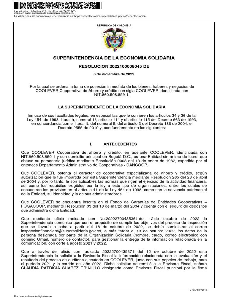Resolucion Toma de Posesion Coolever Final 0 | PDF | Bancos | Cooperativa