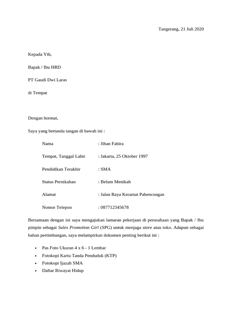 Contoh Surat Lamaran Kerja SPG Atau SPB | PDF | Karier & Perkembangan