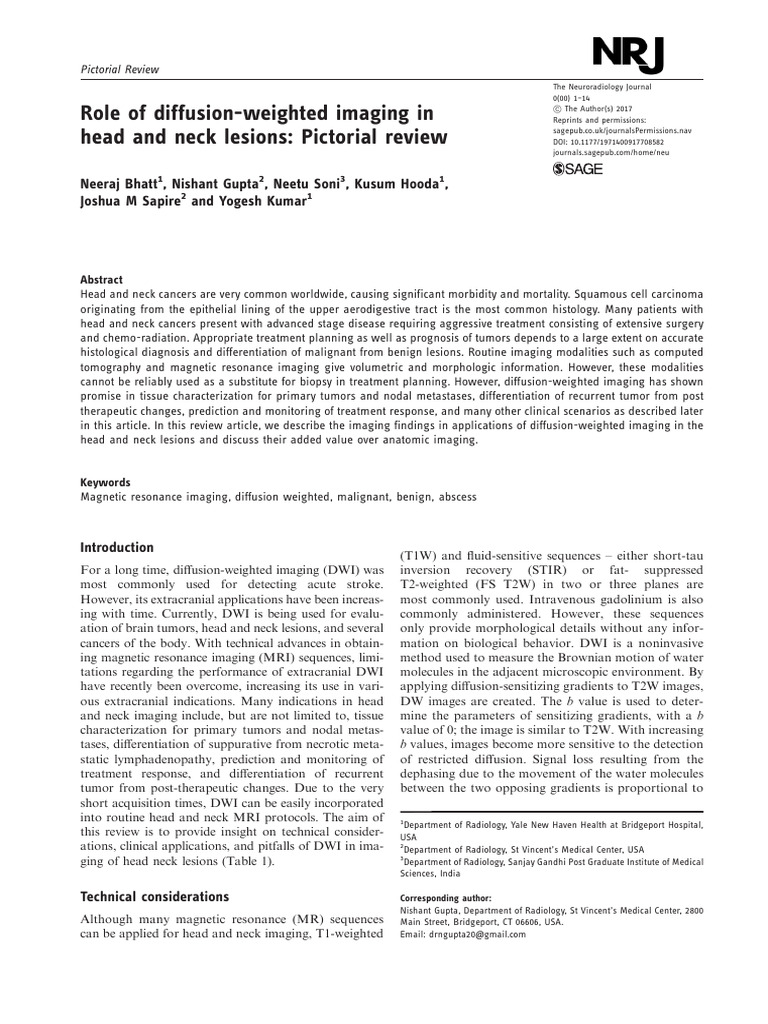 Role of diffusion-weighted imaging in head and neck lesions- Pictorial ...