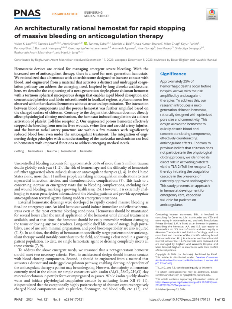 An Architecturally Rational Hemostat For Rapid Sto | PDF | Coagulation ...