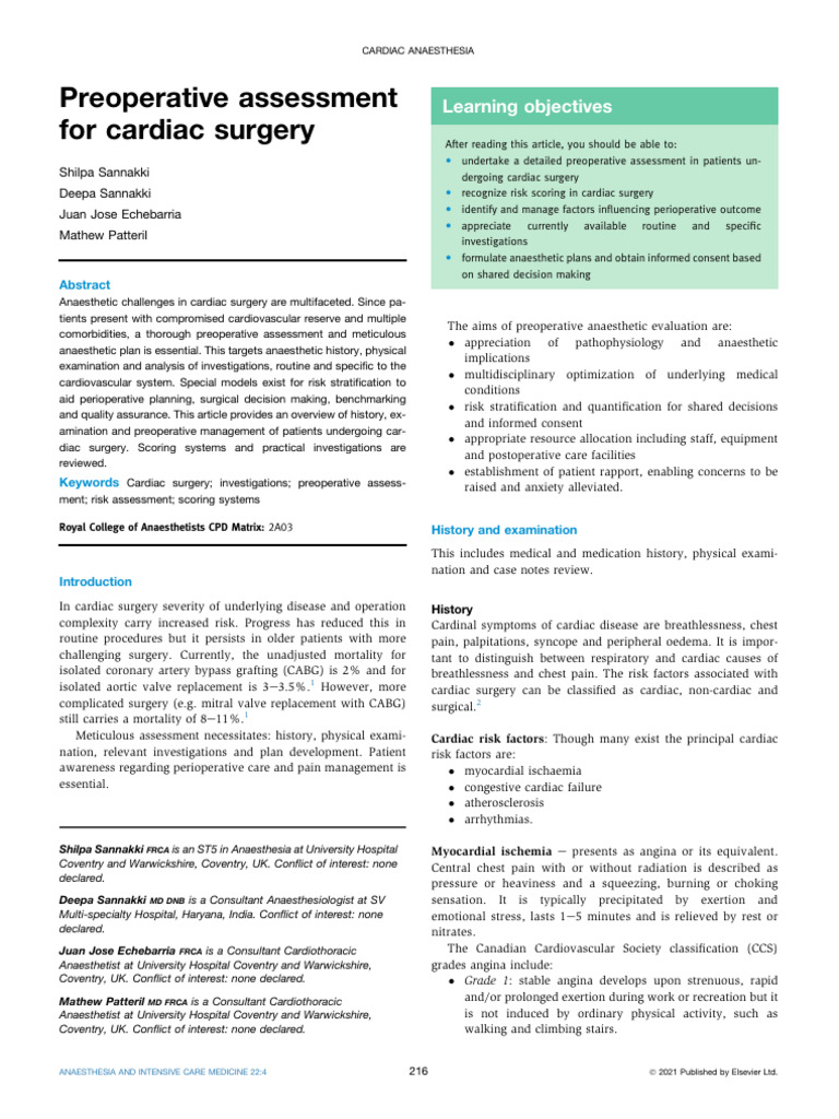 Preoperative Risk Assessment in Cardiac Surgery | PDF | Coronary Artery ...