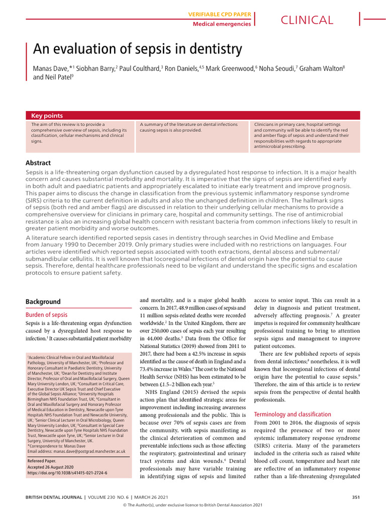 An Evaluation of Sepsis in Dentistry | PDF | Sepsis | Blood Pressure