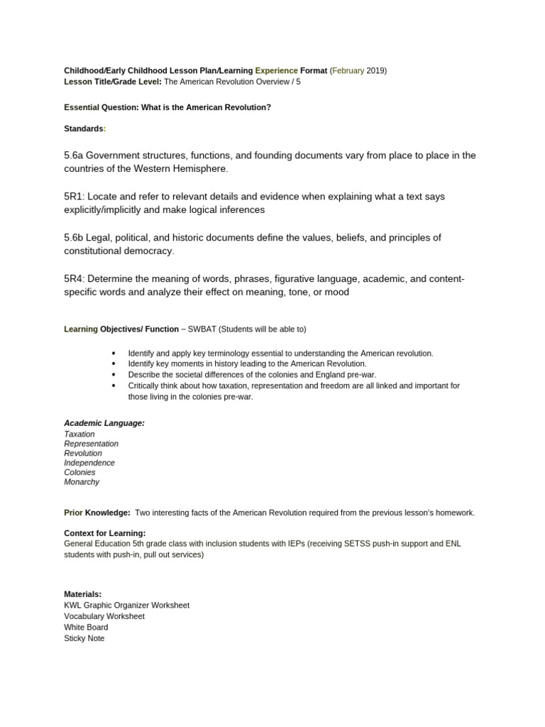 American Revolution Overview Lesson Plan REVISED | PDF | Behavior Modification | Human Communication