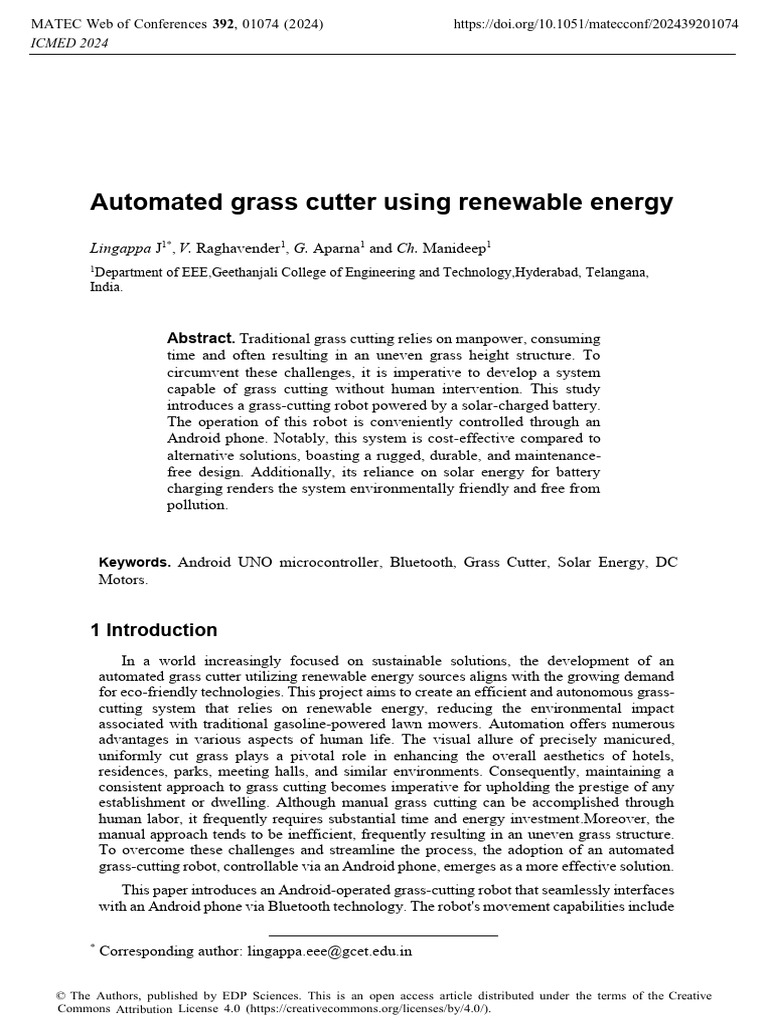 Automated Grass Cutter Using Renewable Energy | PDF | Arduino | Bluetooth