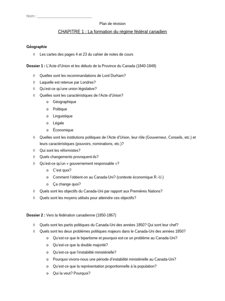 Révision sur le régime fédéral canadien | PDF | Canada | Québec