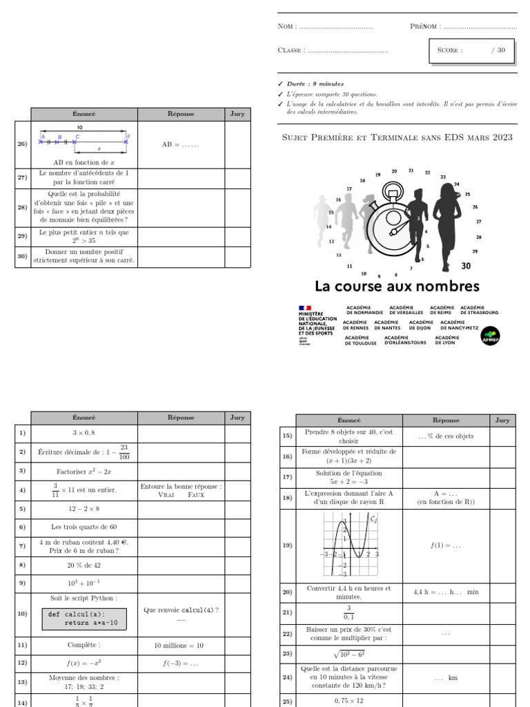 Sujet de la Course aux Nombres 2023 | PDF | Mathématiques