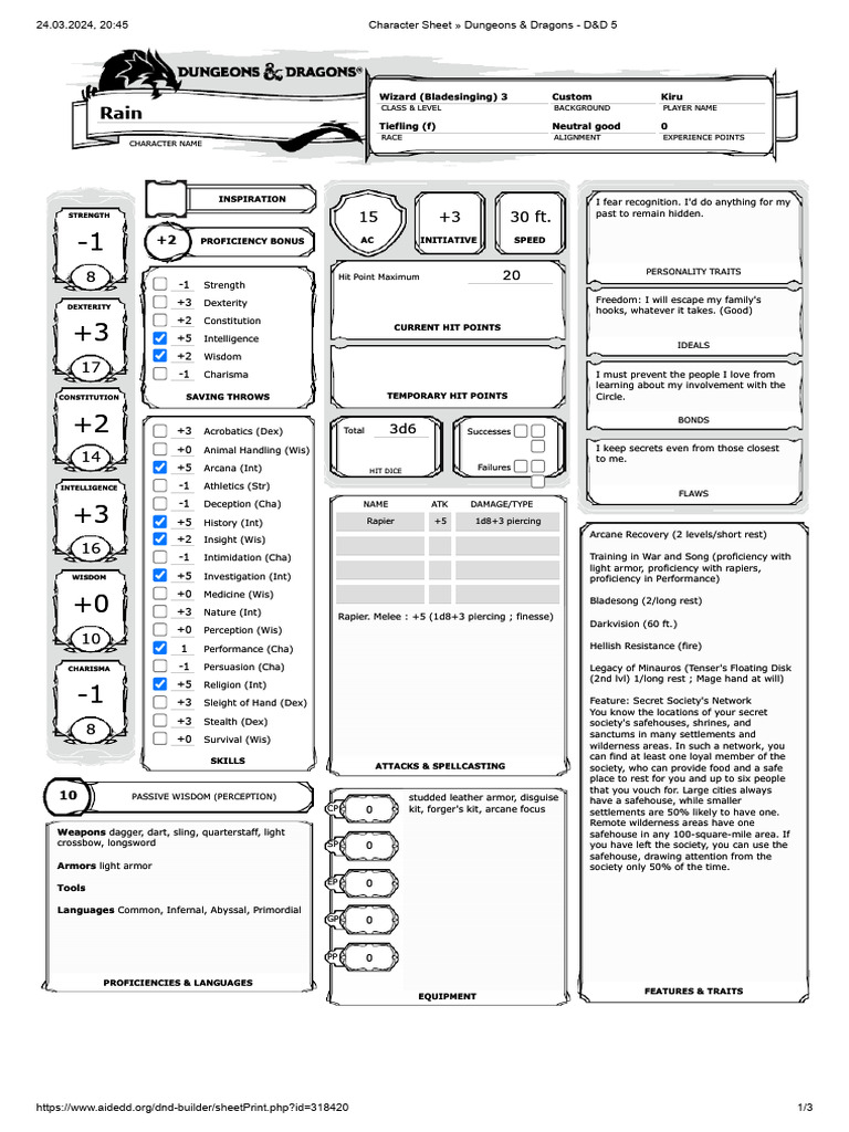 Rain - Character Sheet | PDF | Dungeons & Dragons | Gary Gygax Games