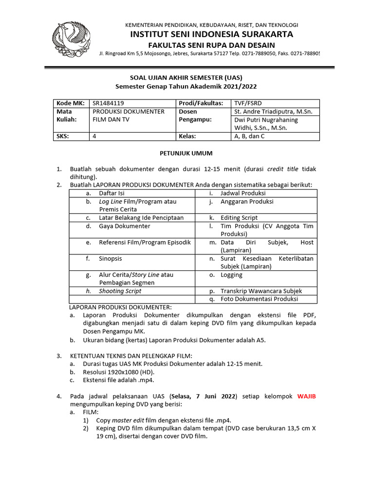 Soal Uas MK Produksi Dokumenter Film Dan TV - 2021-2022 | PDF