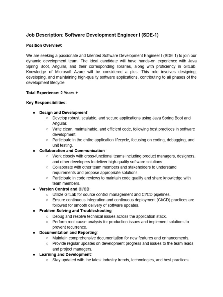 Job Description Software Development Engineer I (SDE-1) | PDF ...