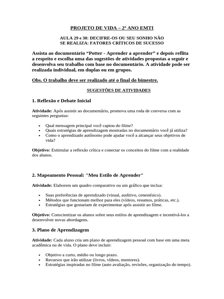 Projeto de Vida - 2º Ano Emti - Trabalho | PDF | Aprendizado | Estilos ...
