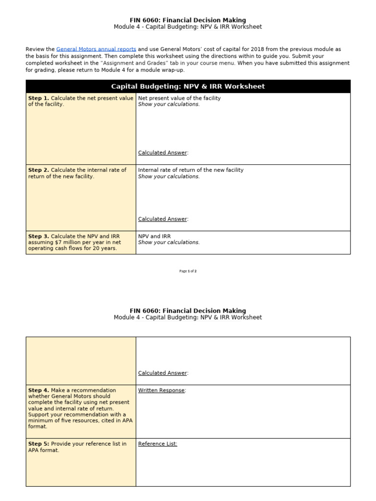 FIN 6060 Module 4 Worksheet | PDF | Finance & Money Management