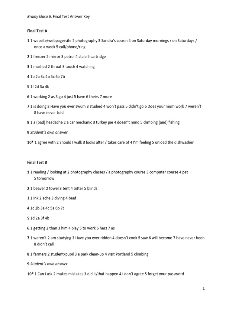 Brainy kl6 Final Test Answer Key | PDF