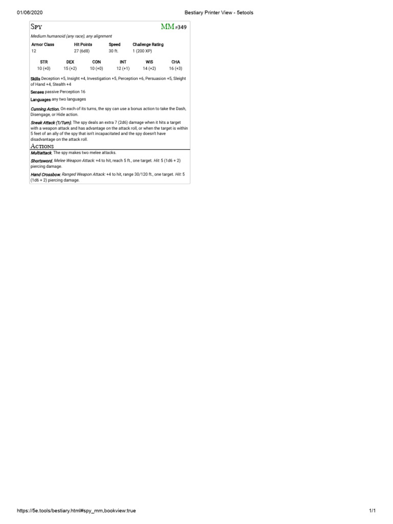 D&D 5e Spy Character Stats | PDF