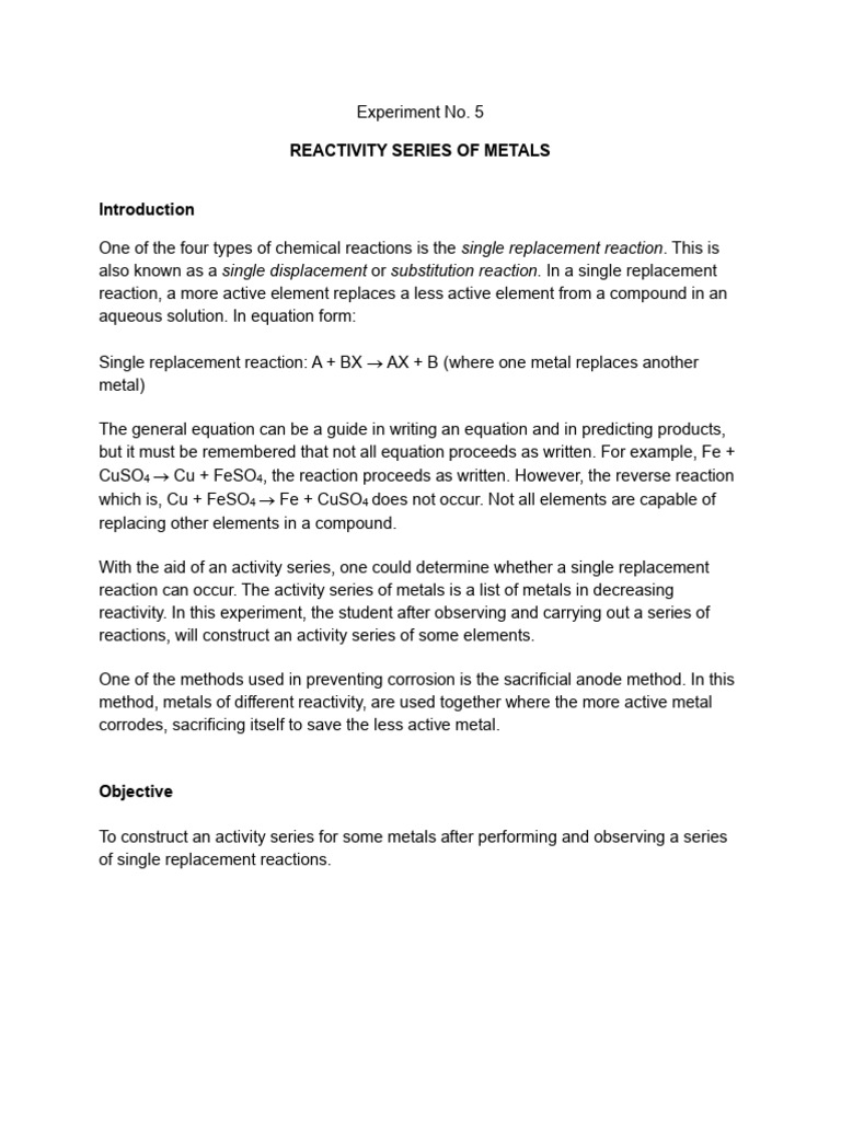 Experiment 5 Reactivity Series Manual | PDF | Chemical Reactions ...